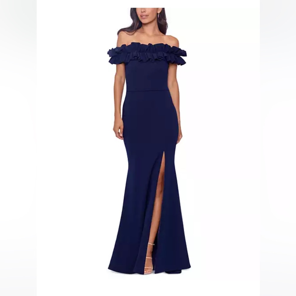 Xscape Ruffled Off The Shoulder Gown Navy Blue - Gem